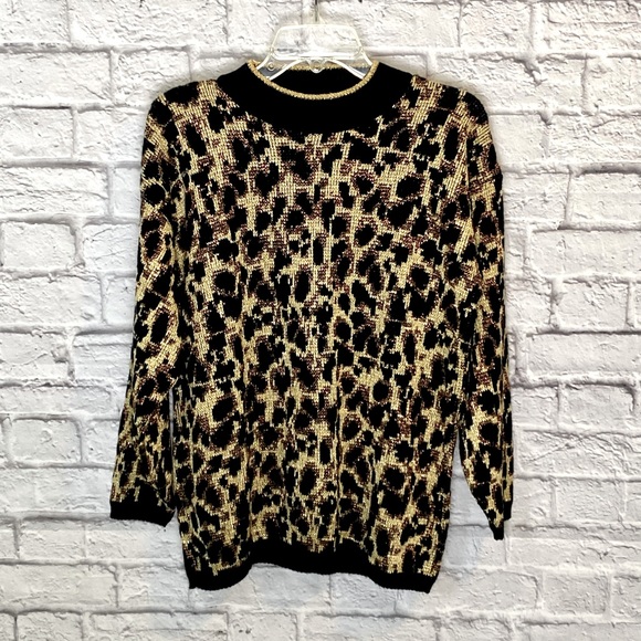 Vintage | Sweaters | Vintage Black Gold Metallic Leopard Print Sweater ...